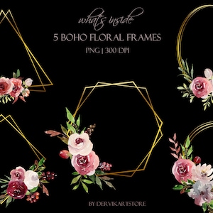 Watercolor Boho Floral Geometric Frames Clipart. Burgundy Flowers ...