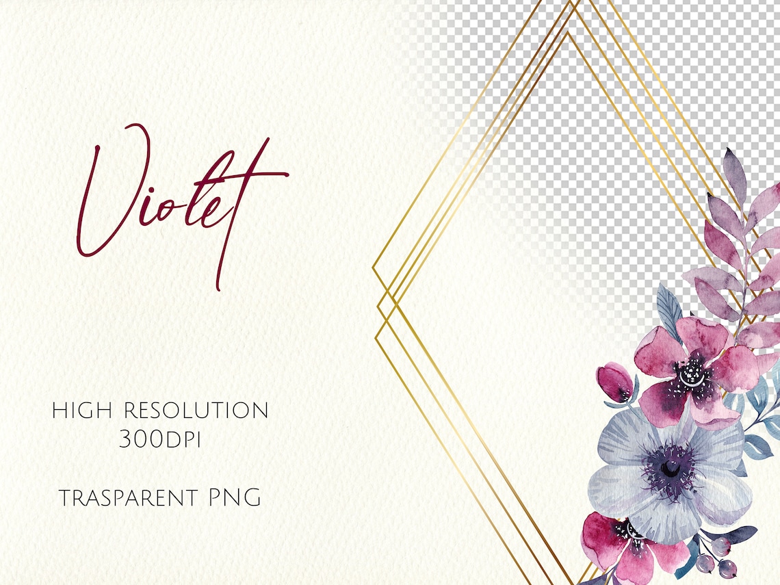 Watercolor Violet Gold Frame Clipart Illustration. Purple Flowers. Boho ...