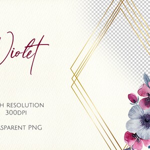 Watercolor Violet Gold Frame Clipart Illustration. Purple Flowers. Boho ...