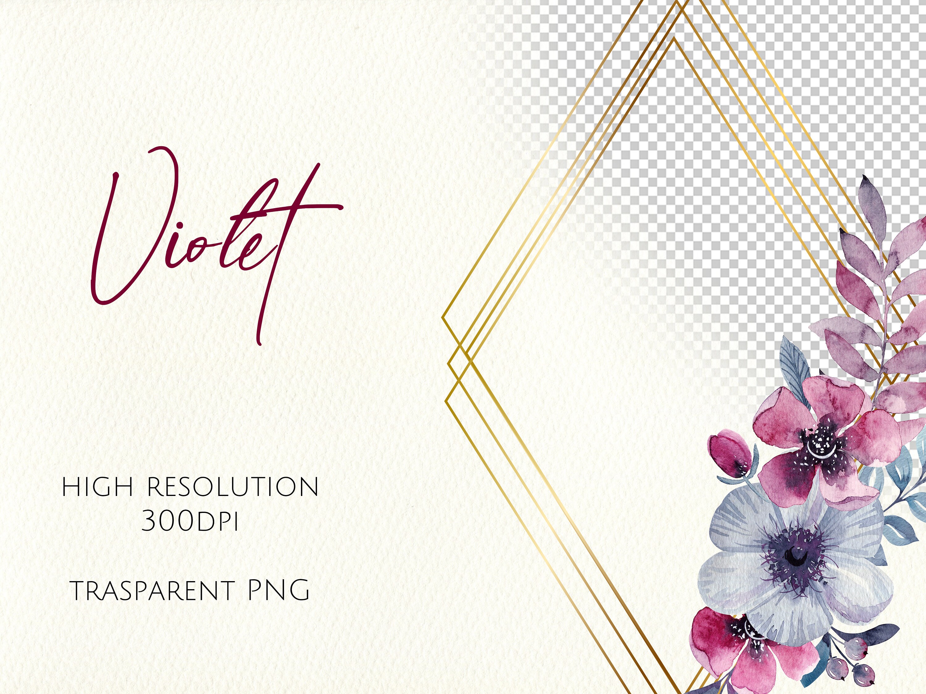 Watercolor Violet Gold Frame Clipart Illustration. Purple Flowers. Boho ...