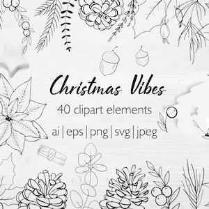 Christmas Clipart SVG PNG, Vector Christmas Line Art Clipart, Christmas ...