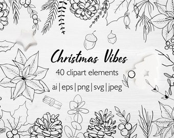 Christmas Elements SVG Line Art Design Clipart Set Decor - Etsy