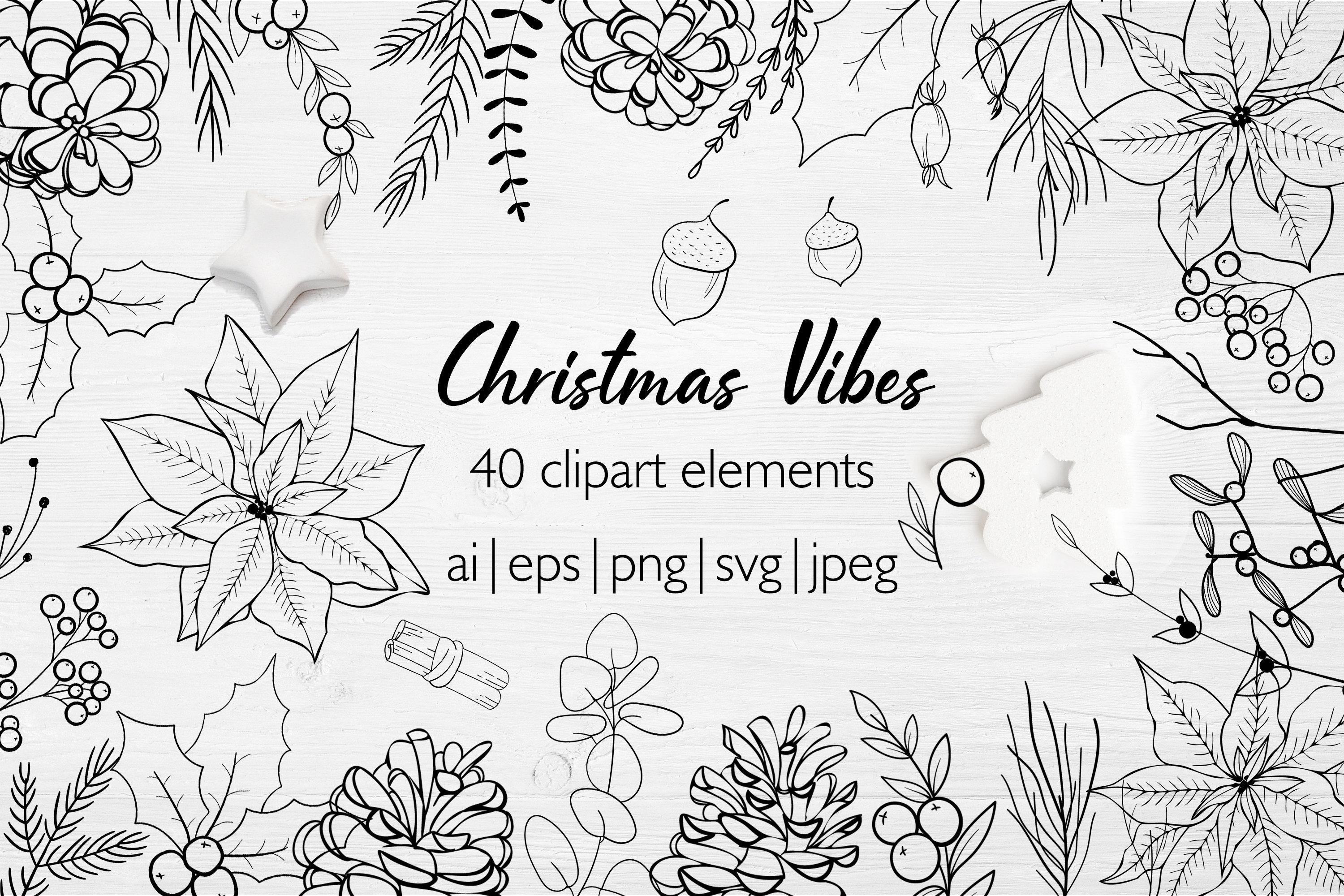 Christmas Clipart SVG PNG, Vector Christmas Line Art Clipart, Christmas ...