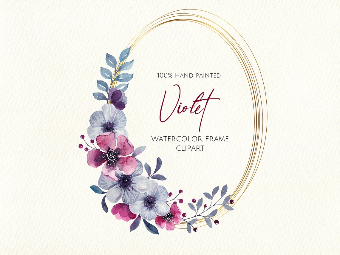 Watercolor Violet Gold Frame Clipart Illustration. Purple - Etsy