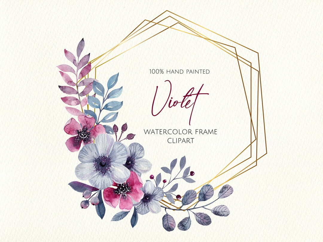 Watercolor Violet Gold Frame Clipart Illustration. Purple Flowers. Boho ...