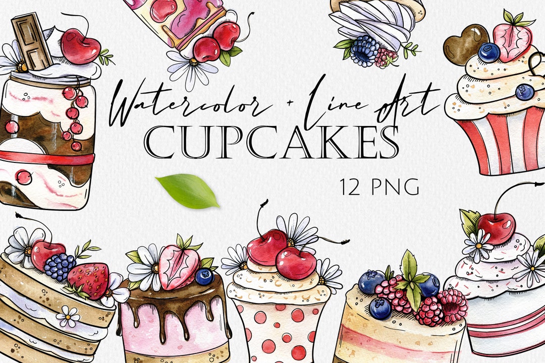 Watercolor Cupcake PNG With Outline Hand Drawn Illustration, Dessert ...