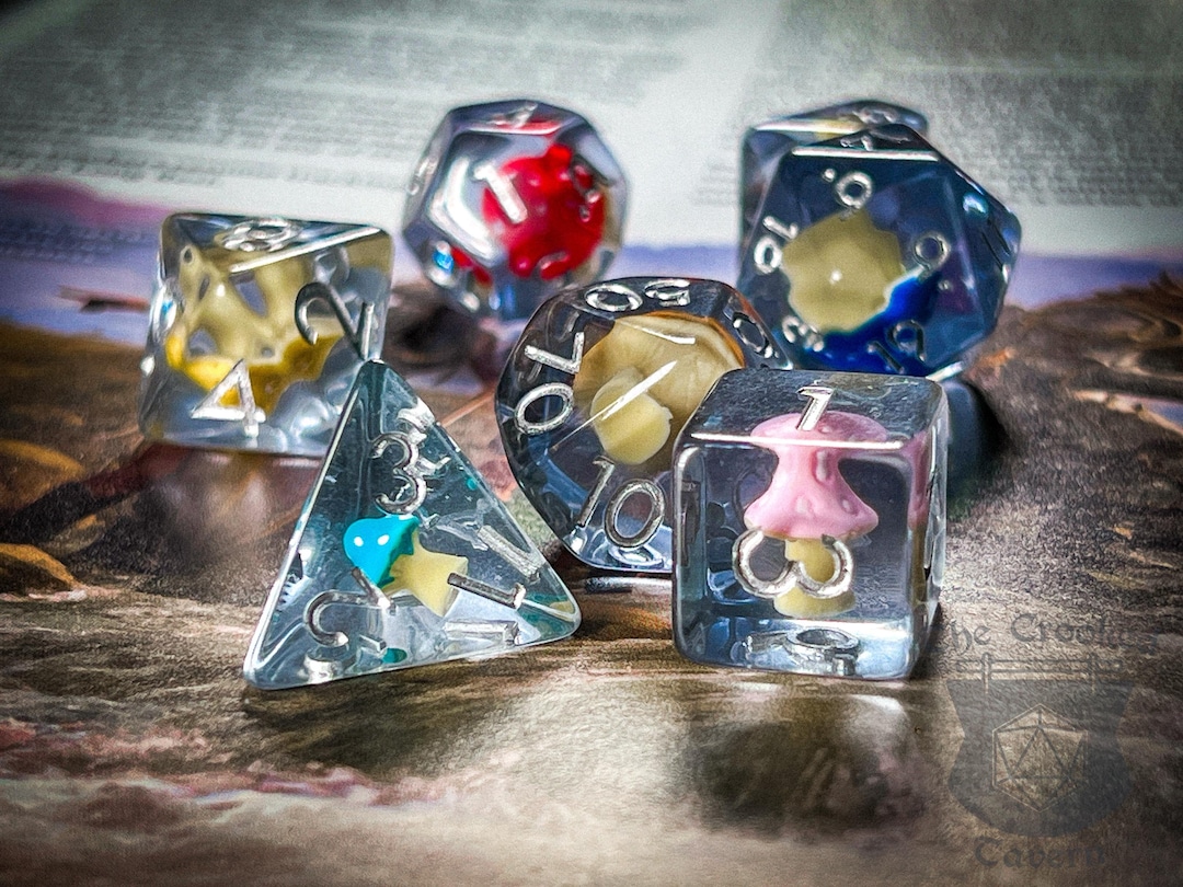 Bag of Mushrooms Dnd Dice Set – Resin 7-piece Polyhedral With Colorful ...