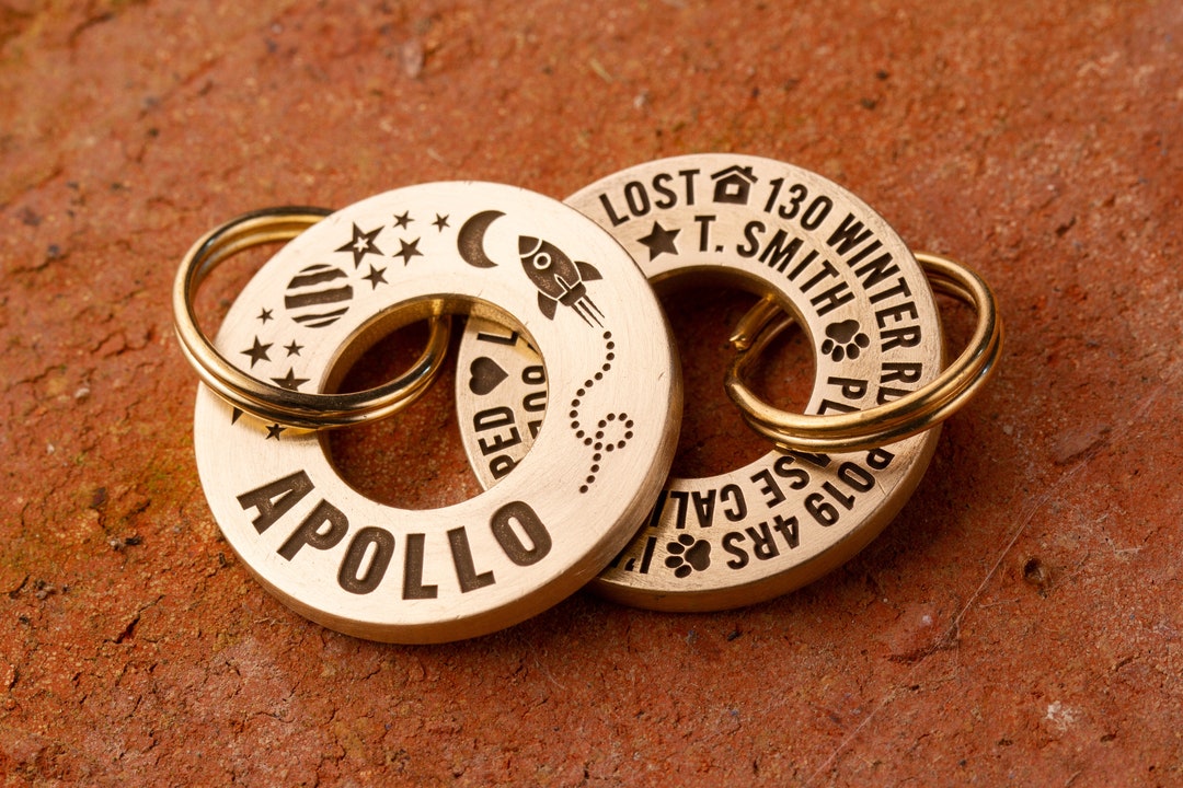 Star & Rocket Design Stainless Steel or Brass Personalised Round Dog ...