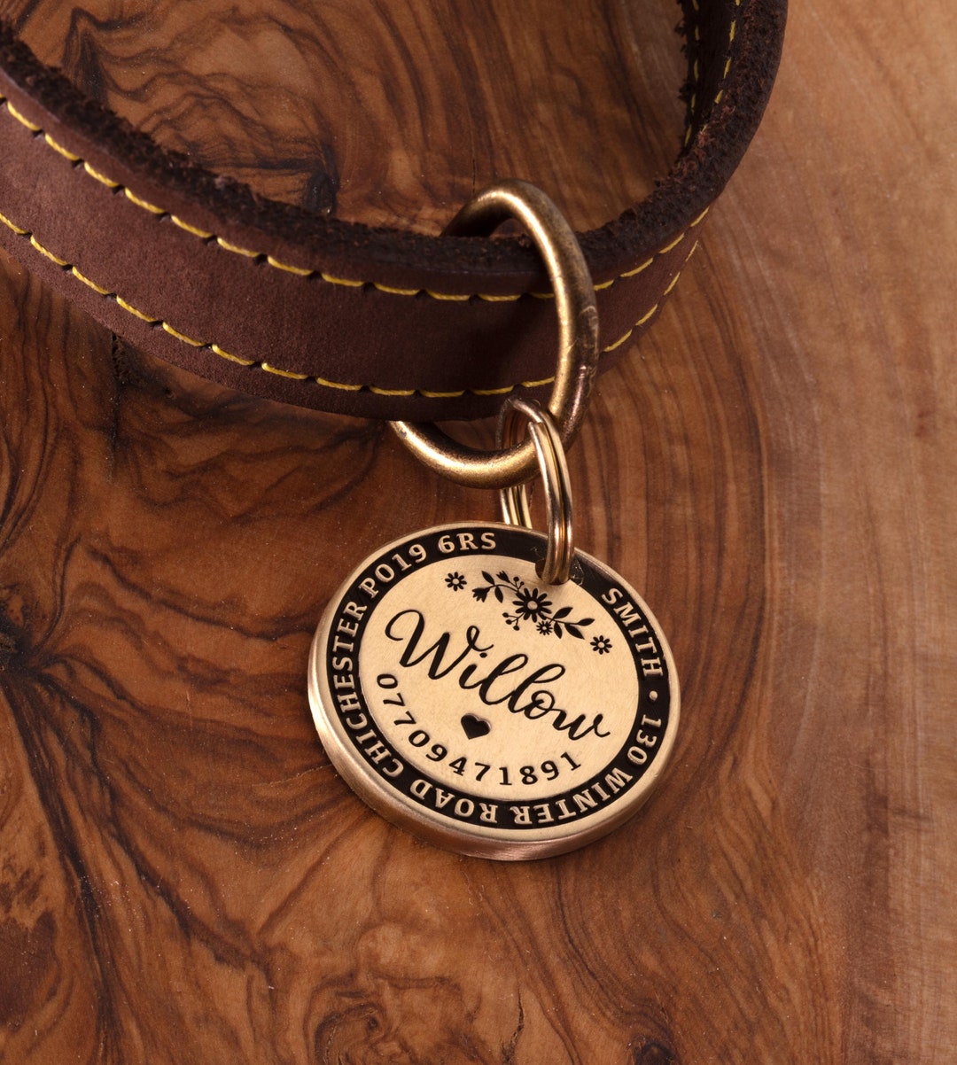 Deep Engraved, Solid Brass / Stainless Steel Dog / Pet ID Tag / Floral ...