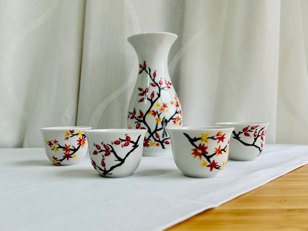 Sake Gift Set Japanese Maple Rosehip Red Hand Decorated Czech - Etsy