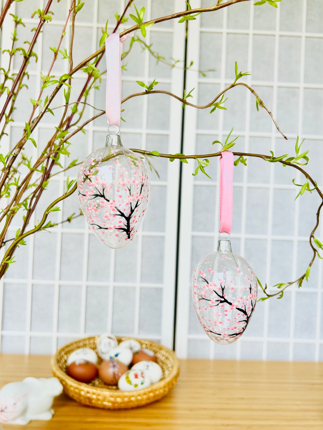 Easter Decor Sakura Hanami Hand-painted Glass Egg Hanging Decoration ...
