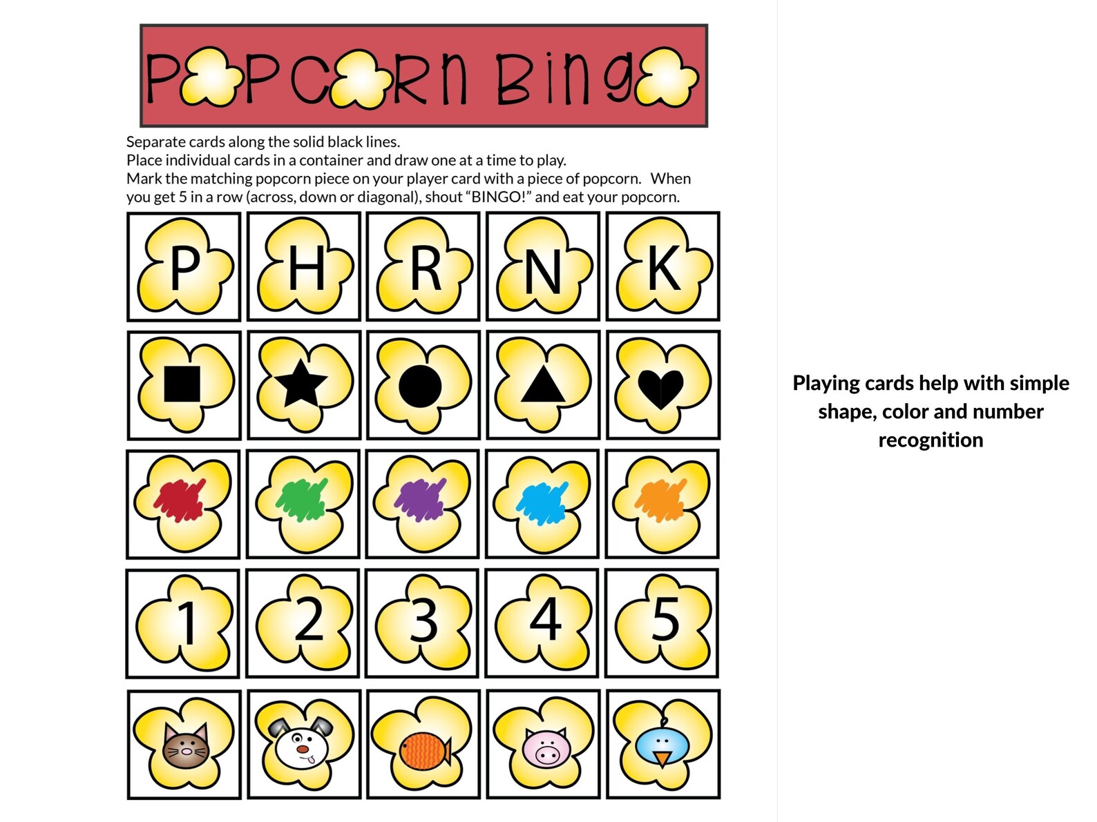 Popcorn Bingo Preschool Shape and Color Recognition Game Digital ...