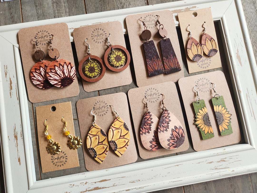 Sunflower Wood Earrings, Circle Teardrop Rectangle and Leather Dangle ...