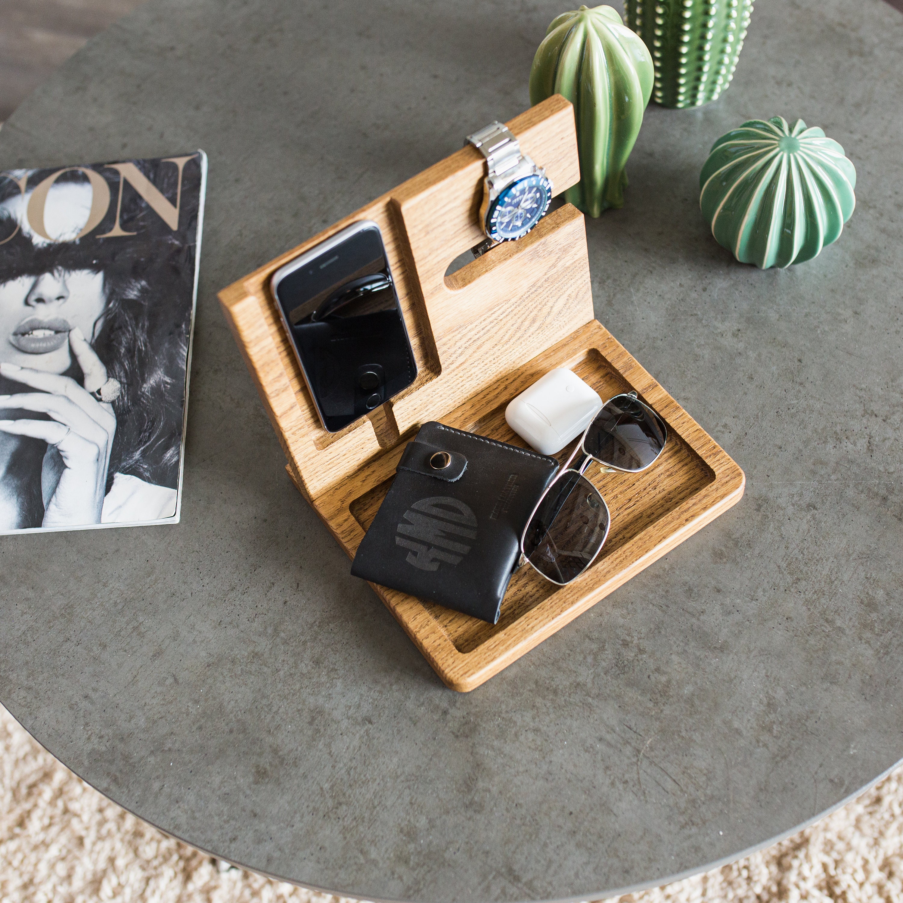 Oak Wooden Docking Station, Nightstand Valet, Wooden Phone Stand ...