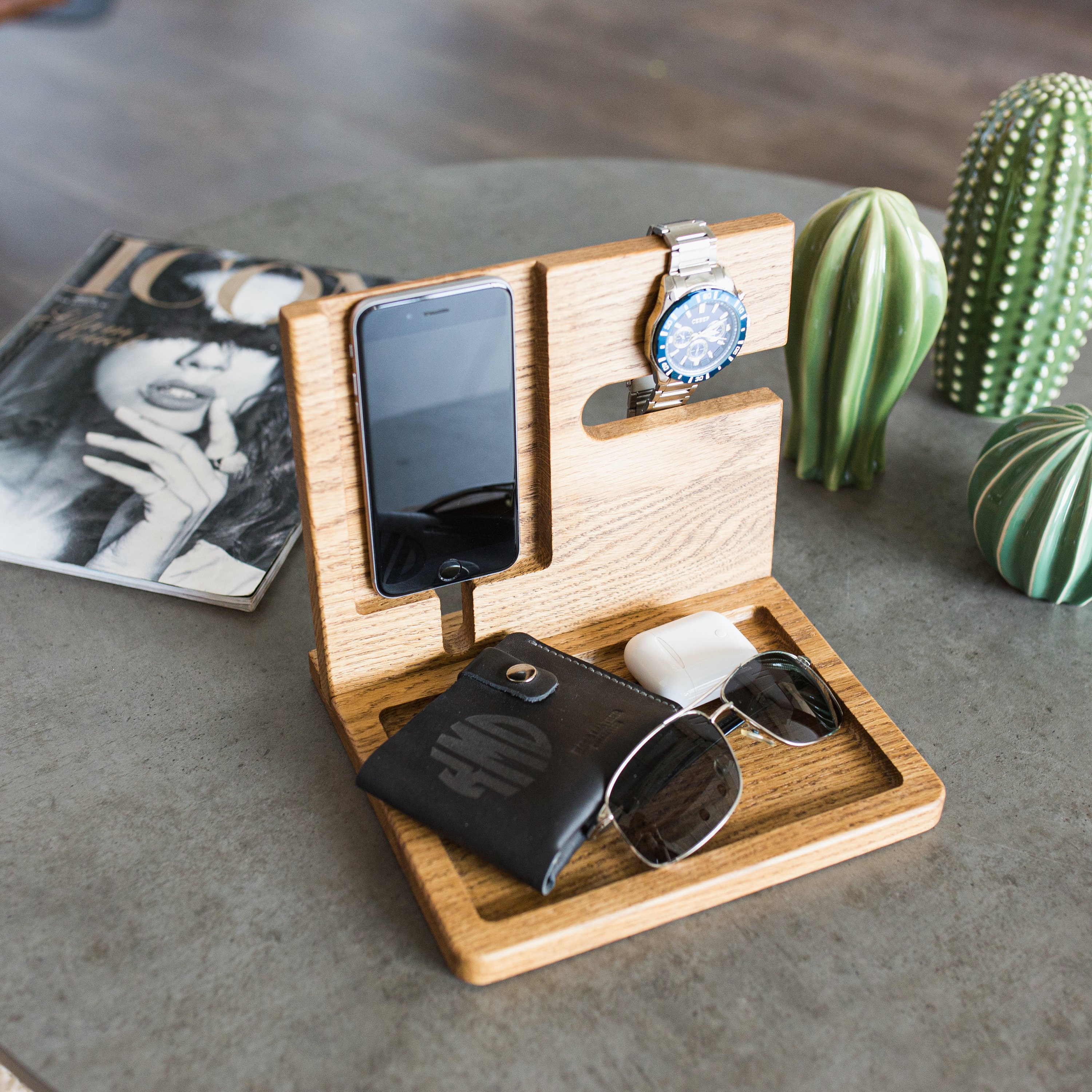 Oak Wooden Docking Station, Nightstand Valet, Wooden Phone Stand ...