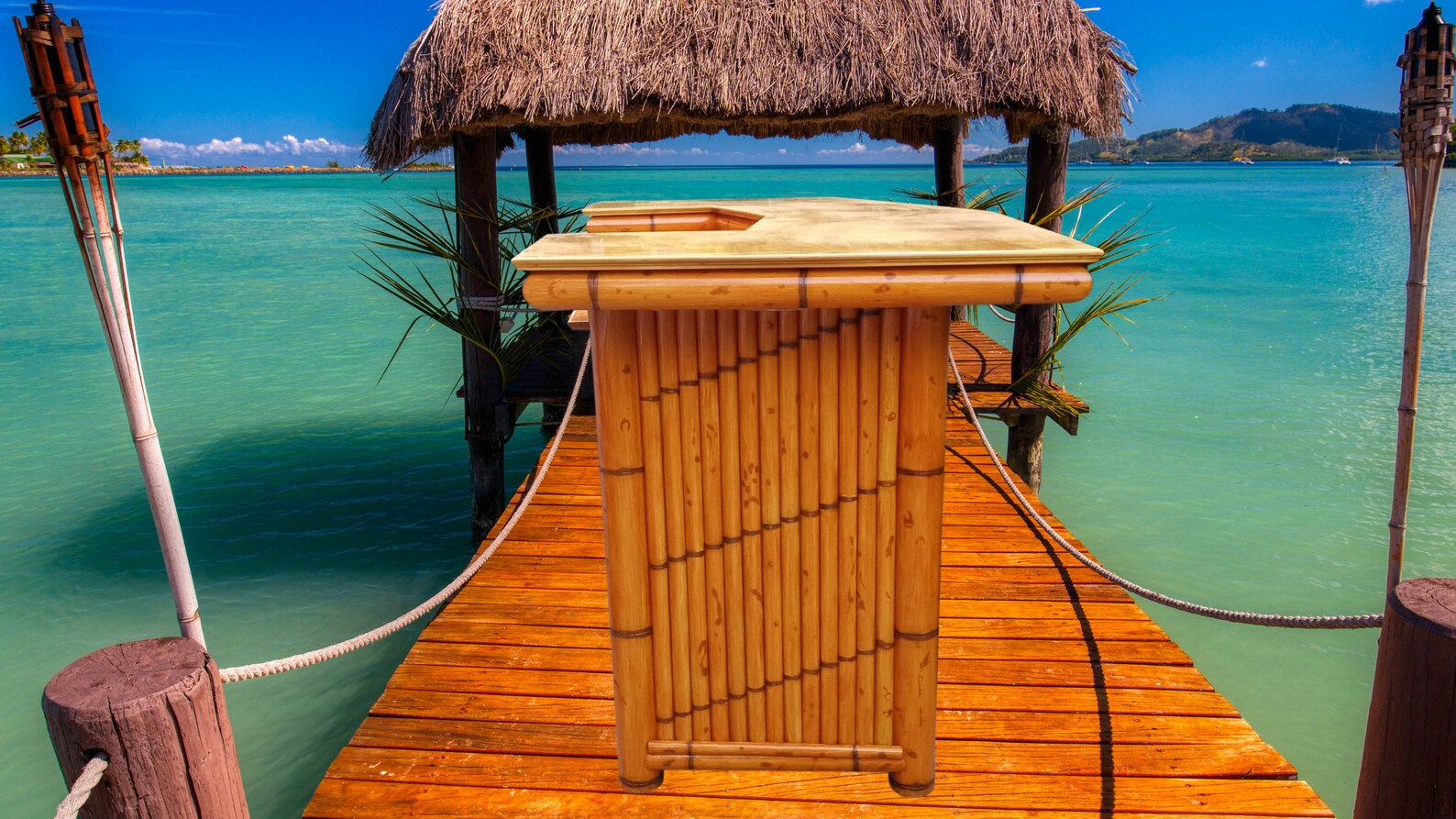 Bamboo Tiki Bar With Storage Cabinets, Electrical Outlets, Led Lights ...