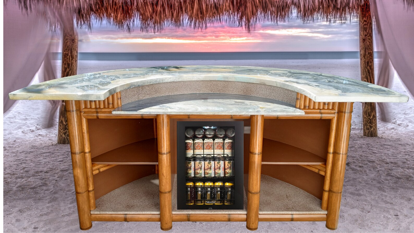 Round Bamboo Tiki Bar With Epoxy Resin Art Bar Top, Storage, Lights ...