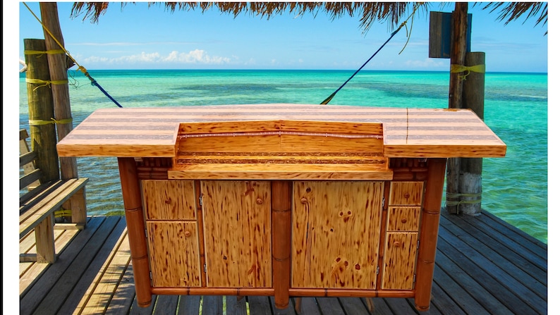 Bamboo Tiki Bar With Stone & Epoxy Inlay River Table Bar Tops, Lights ...