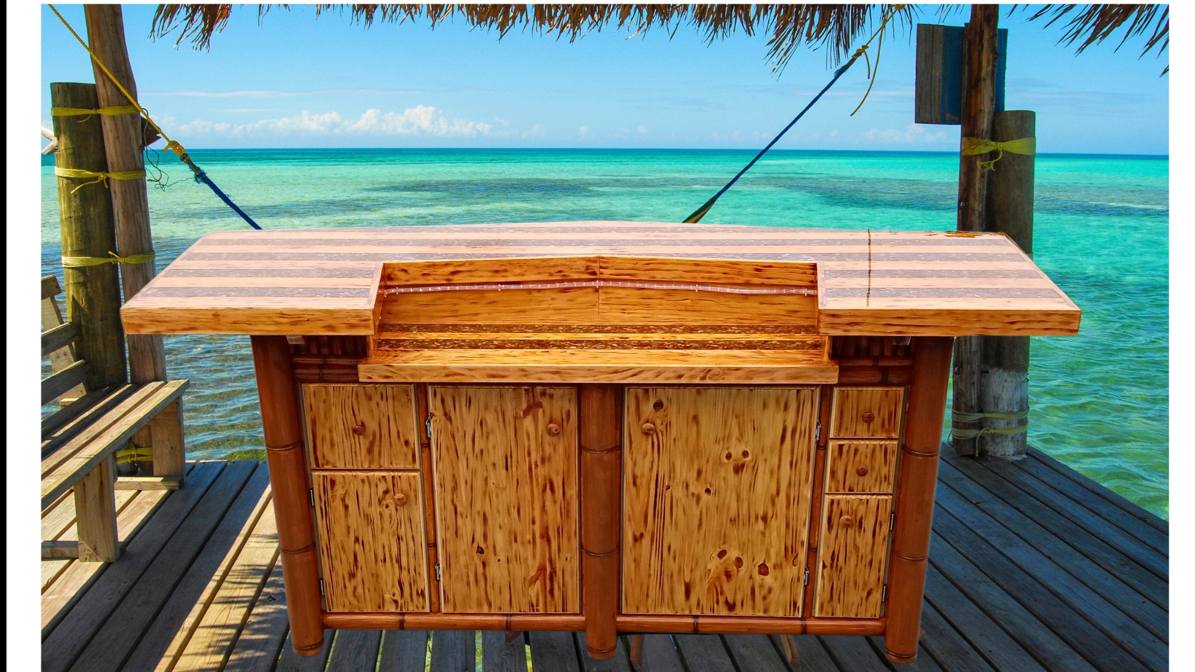 Bamboo Tiki Bar With Stone & Epoxy Inlay River Table Bar Tops, Lights ...