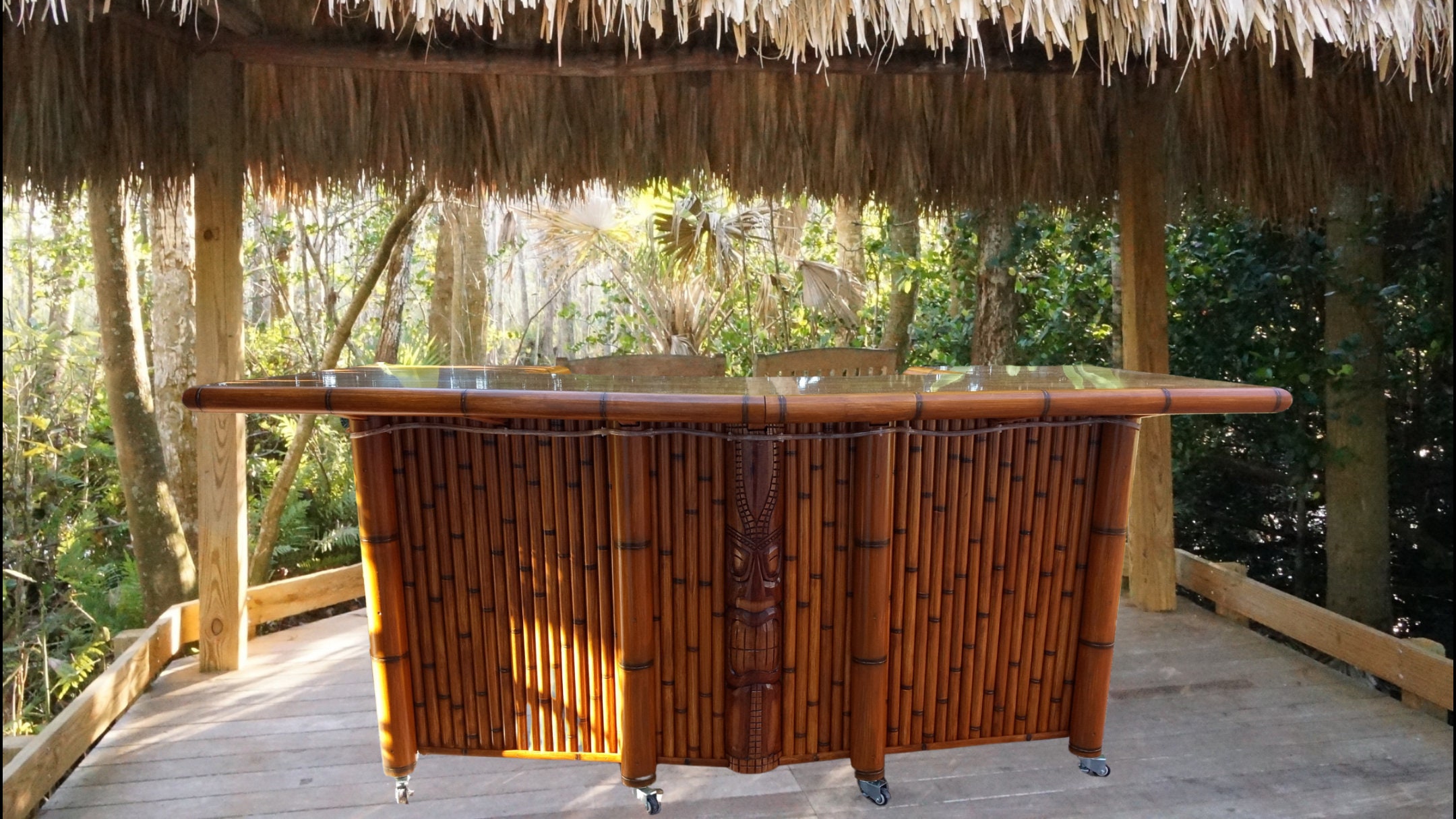 Bamboo Tiki Bar With Storage Cabinets, Electrical Outlets, Led Lights ...