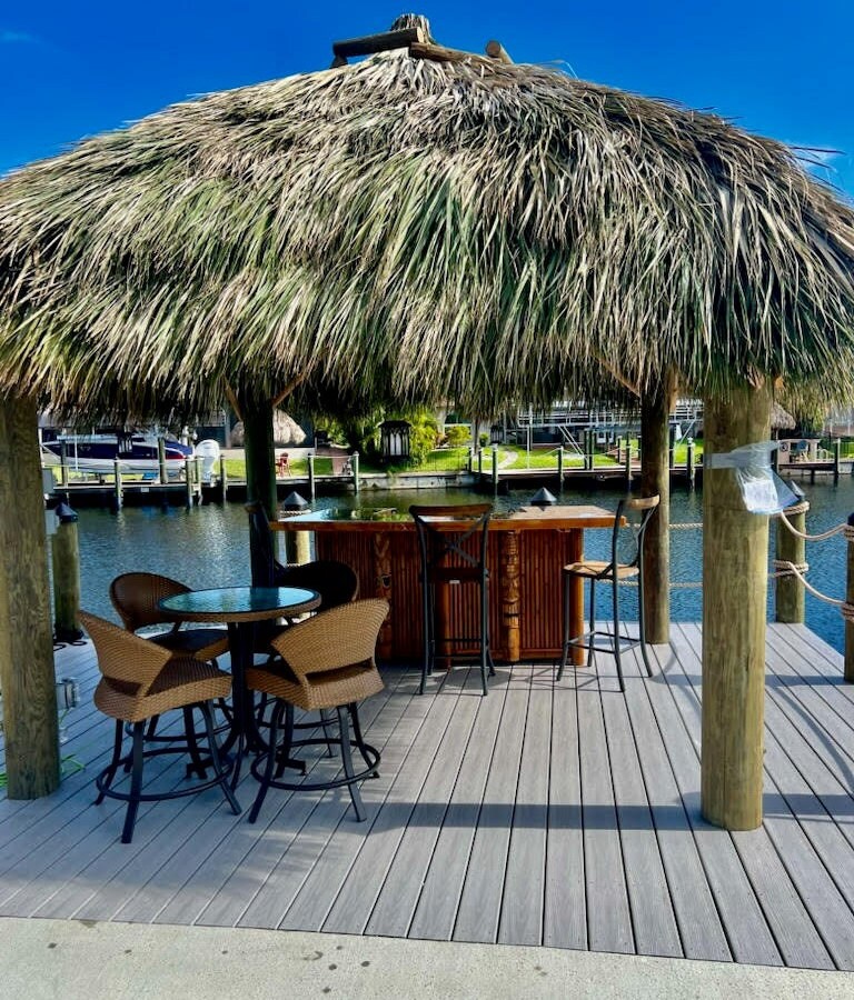 Bamboo Tiki Bar With Stone & Epoxy Inlay River Table Bar Tops, Lights ...