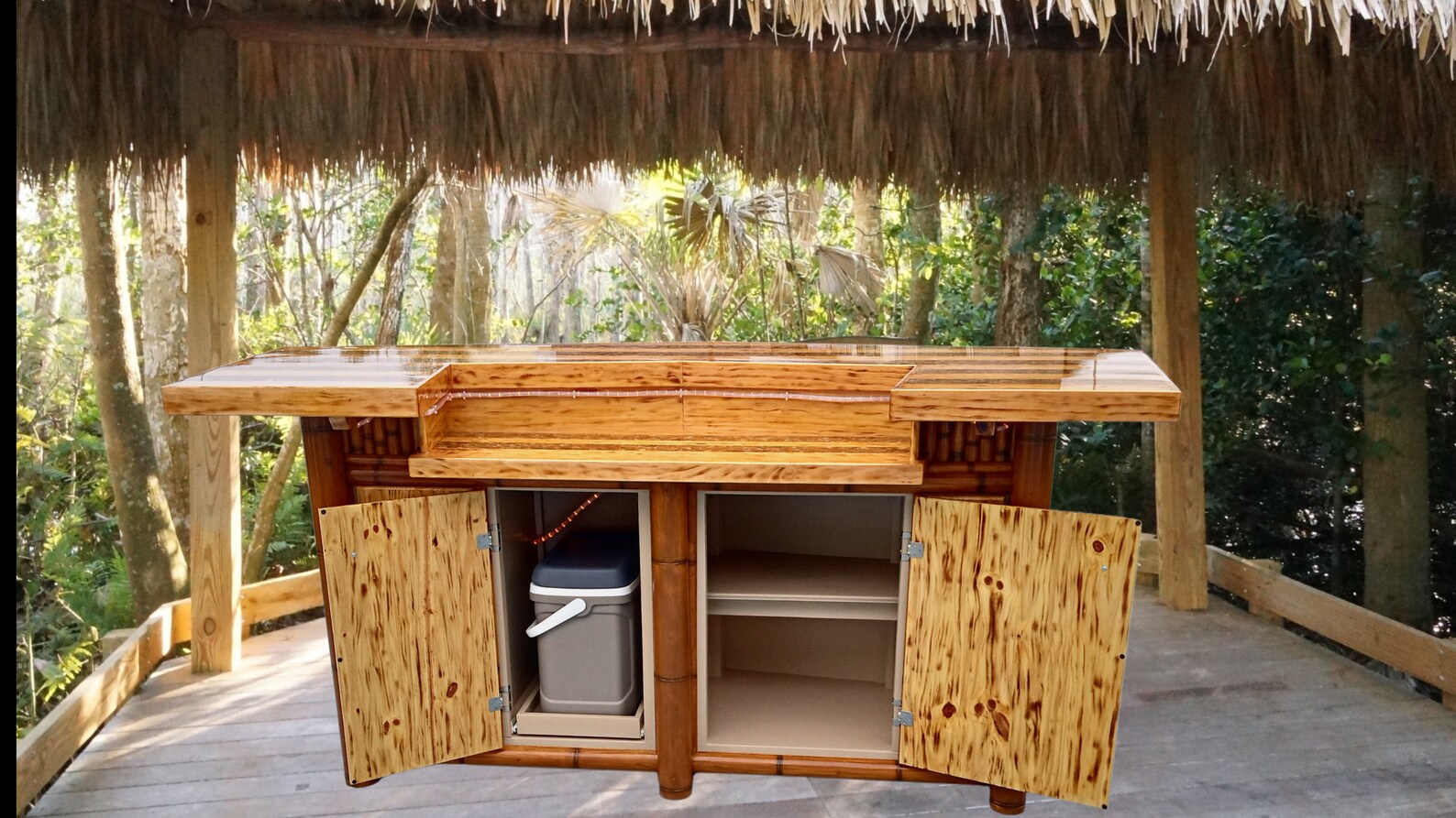 Bamboo Tiki Bar With Stone & Epoxy Inlay River Table Bar Tops, Lights ...