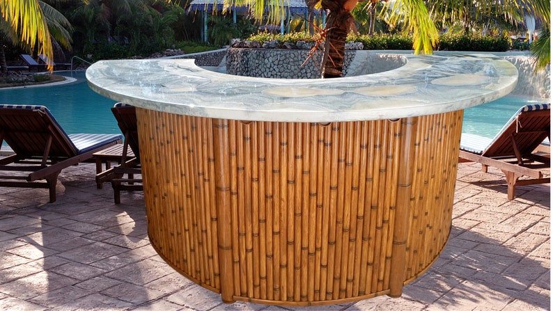 Round Bamboo Tiki Bar With Epoxy Resin Art Bar Top, Storage, Lights ...