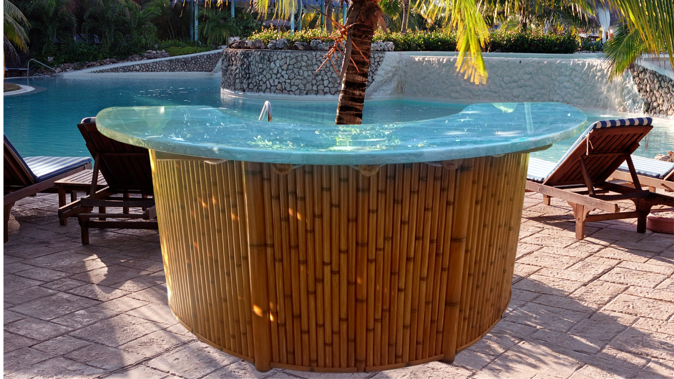 Round Bamboo Tiki Bar With Epoxy Resin Art Bar Top, Storage, Lights ...