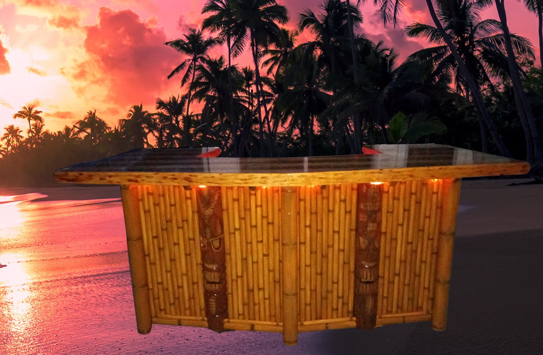Bamboo Tiki Bar With Stone & Epoxy Inlay River Table Bar Tops, Lights ...