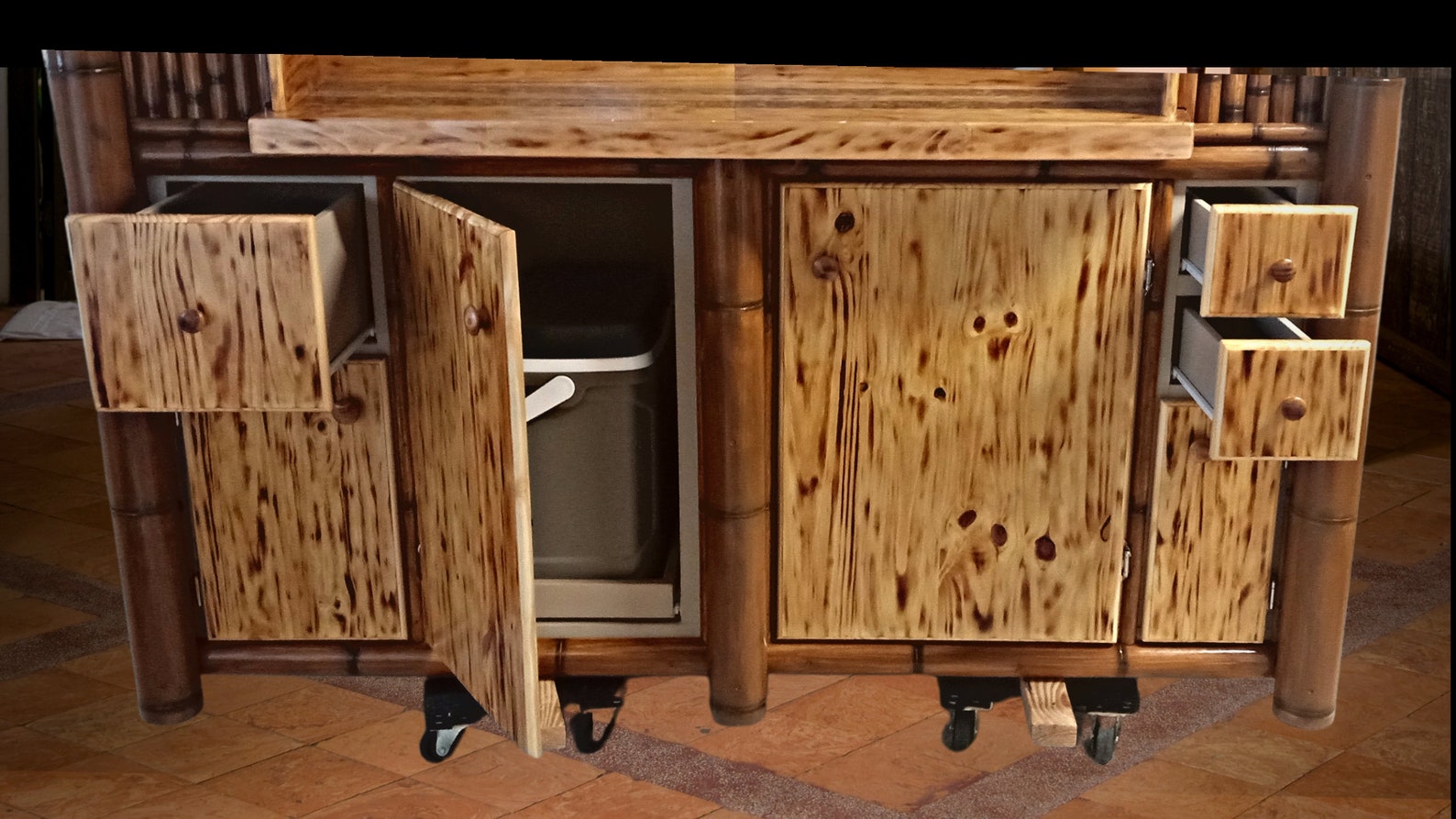 Bamboo Tiki Bar With Stone & Epoxy Inlay River Table Bar Tops, Lights ...