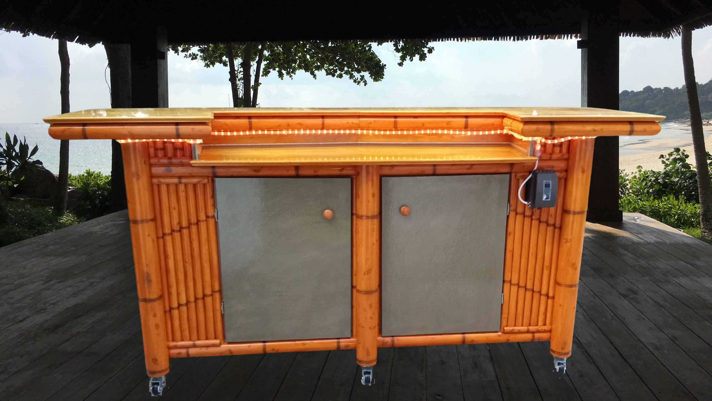 Bamboo Tiki Bar With Storage Cabinets, Electrical Outlets, Led Lights ...
