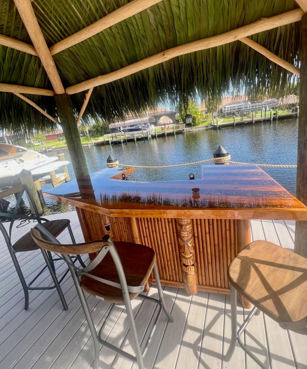 Bamboo Tiki Bar With Stone & Epoxy Inlay River Table Bar Tops, Lights ...