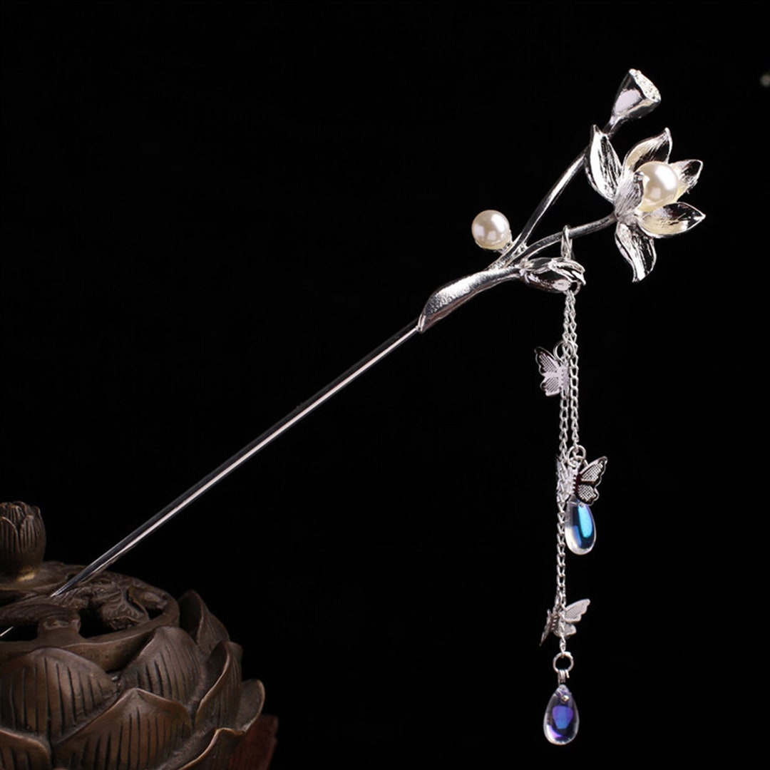 Silver Lotus Hairpin, Retro Flower Tassel Hairpin, Women's Hair Stick ...