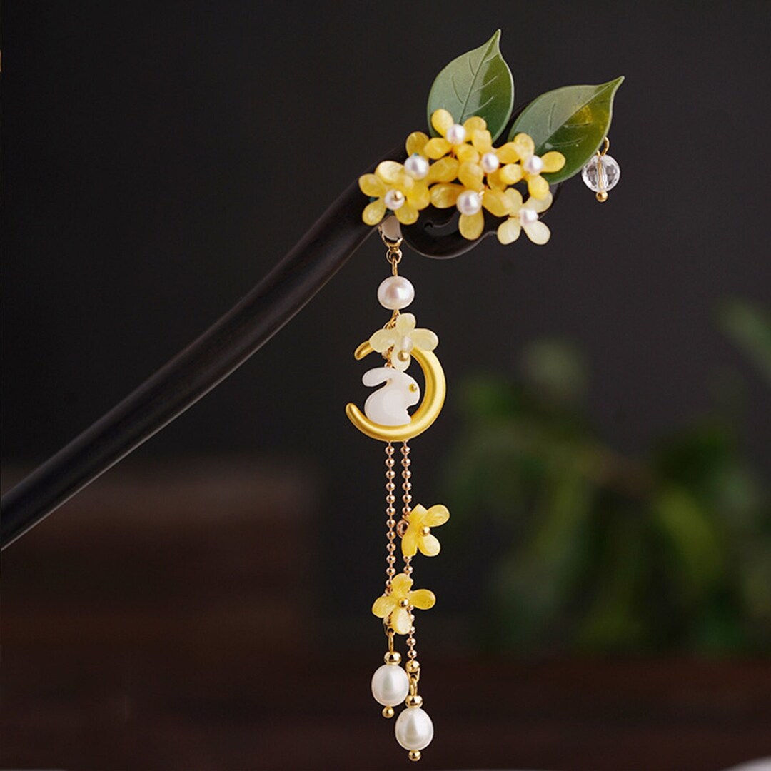 Vintage Tassel Moon Hairpin, Osmanthus Flower Hairpin, Cute Rabbit Hair ...