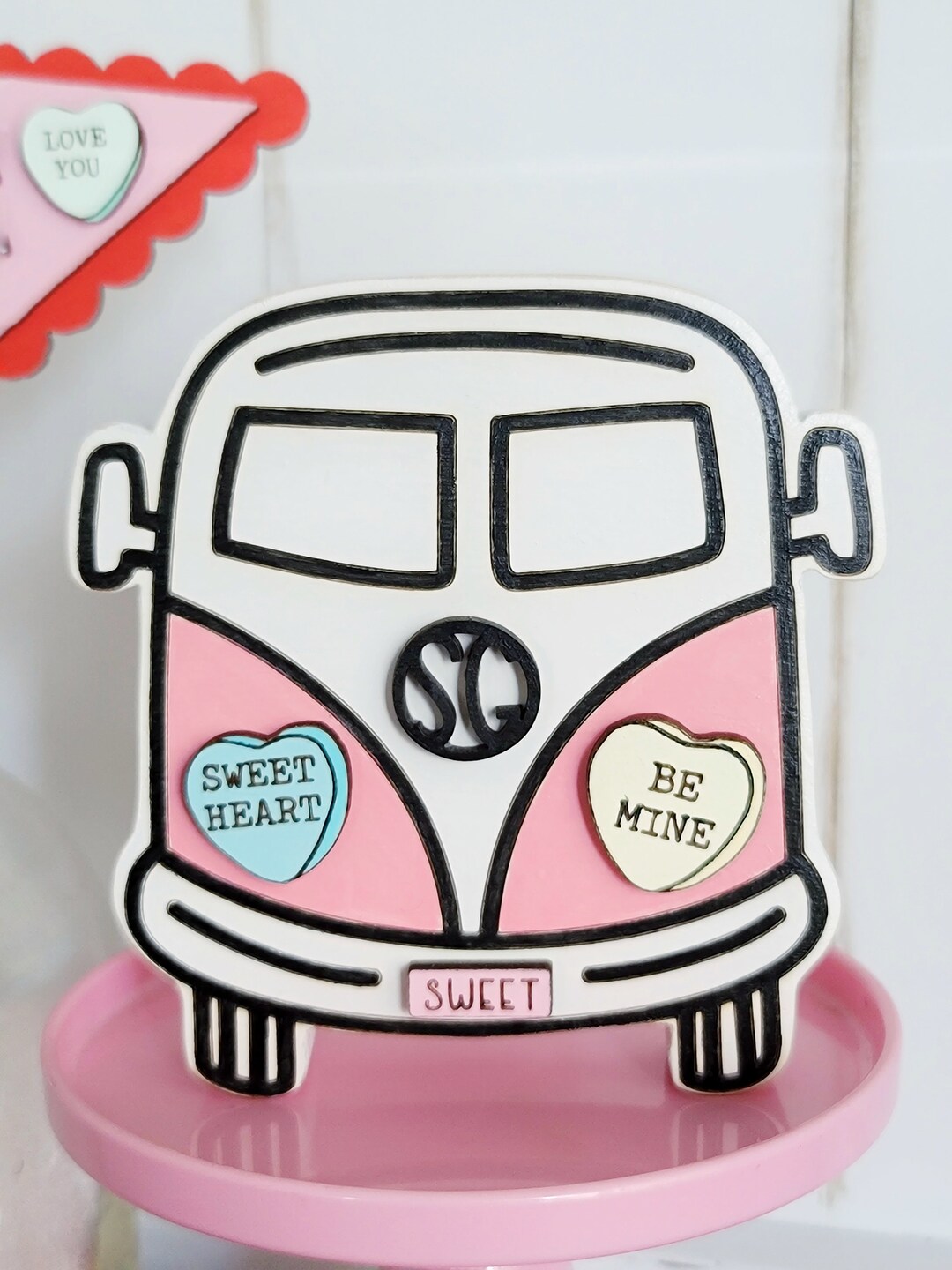 Van With Candy Heart Headlights Tiered Tray Sign Bus Valentines Decor ...