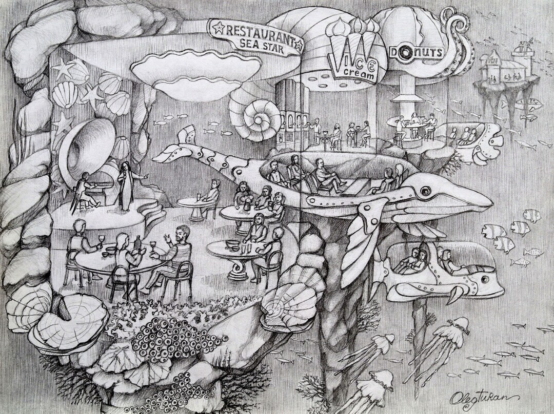 UNDERSEA CITY, Ocean Life, Underwater City, Fantasy Artwork, Graphite ...