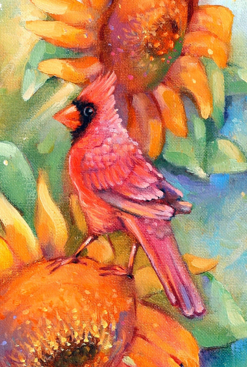 Sunflowers and Cardinals, Cardinal Couple, Bird Family, Oil Painting ...