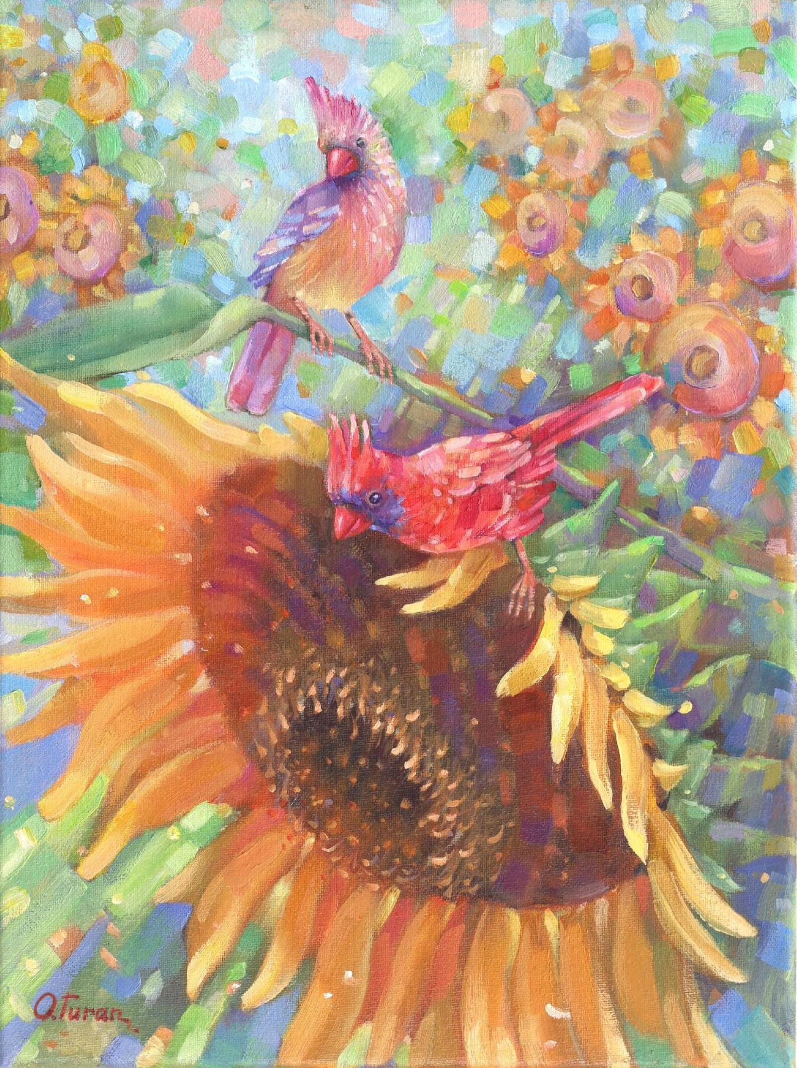 Sunflowers and Cardinals, Cardinal Couple, Bird Family, Oil Painting ...