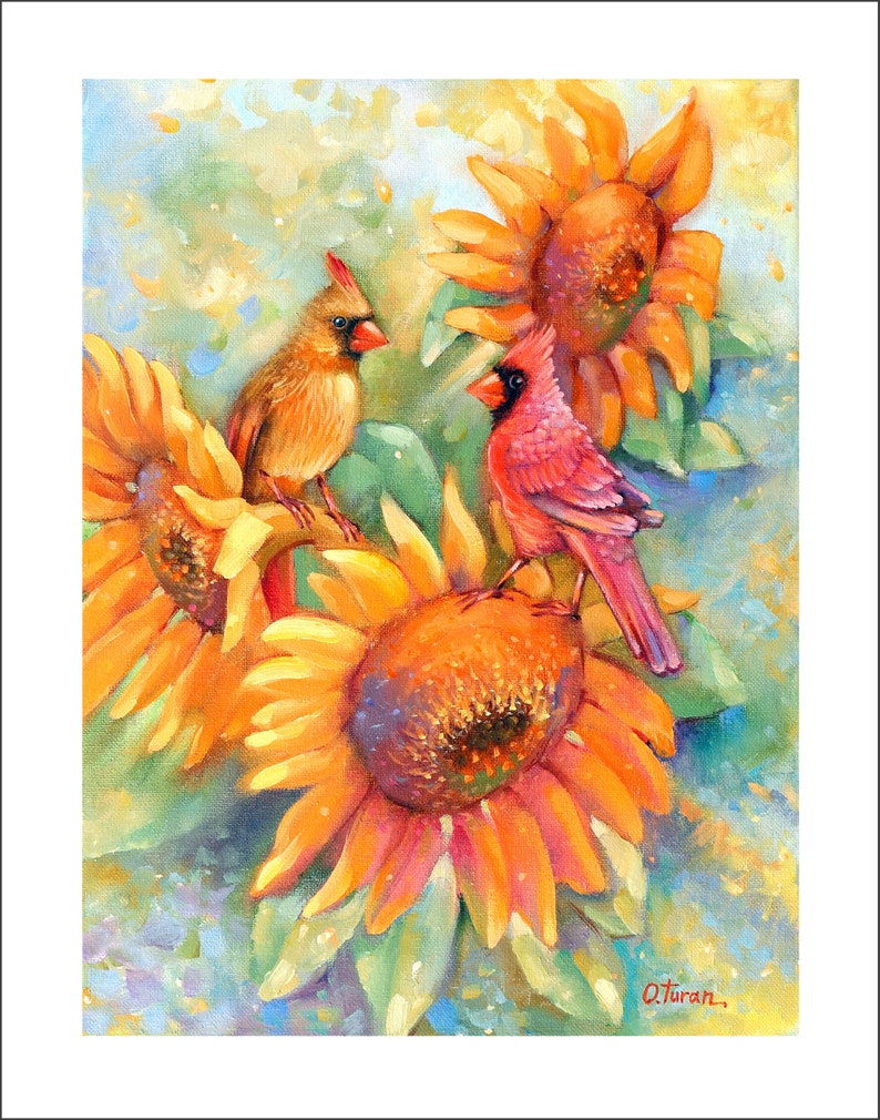 Sunflowers and Cardinals, Cardinal Couple, Bird Family, Oil Painting ...