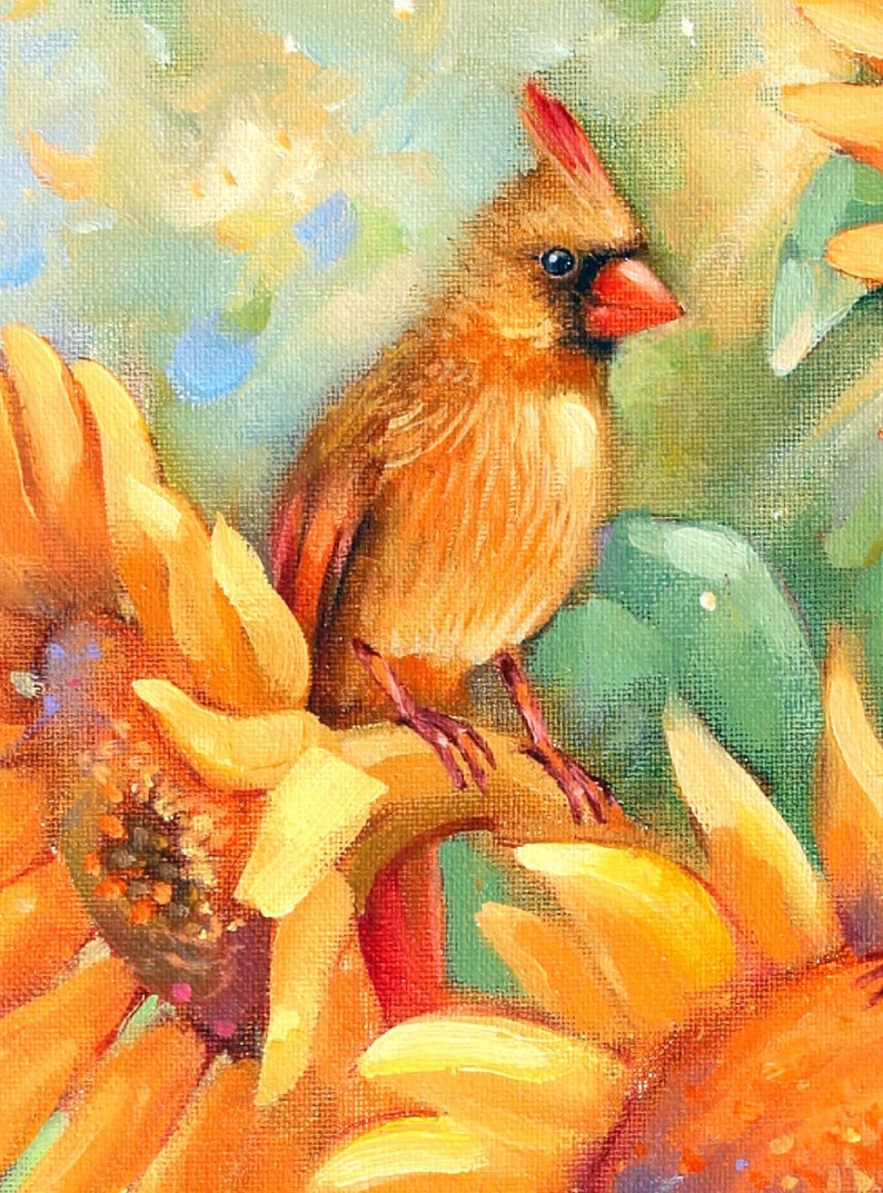 Sunflowers and Cardinals, Cardinal Couple, Bird Family, Oil Painting ...
