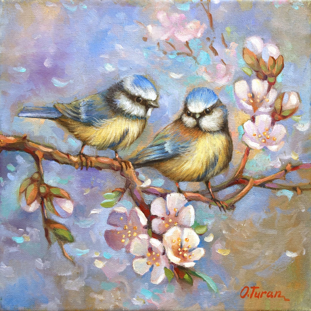 Blue Tit Birds, Art Print of Original Oil Painting, Blue Tit Couple in ...