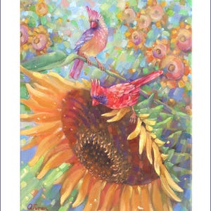 Sunflowers and Cardinals, Cardinal Couple, Bird Family, Oil Painting ...