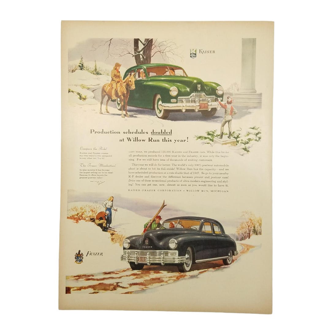 1948 Kaiser Frazer Automobile Vintage Print Ad Sedans Winter Scenes ...