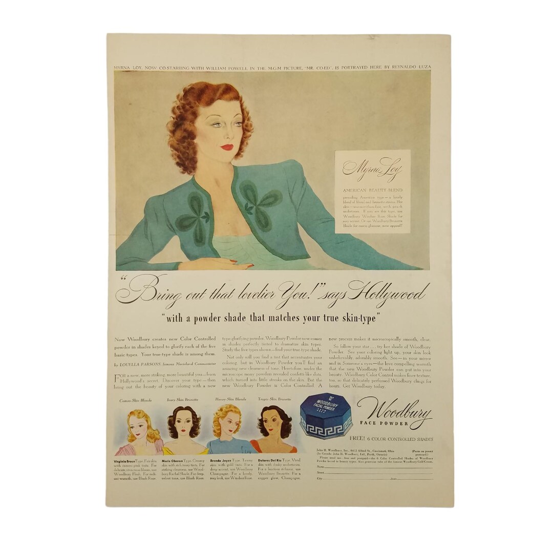 1941 Woodbury Face Powder Vintage Print Ad Myrna Loy Reynaldo Luza ...