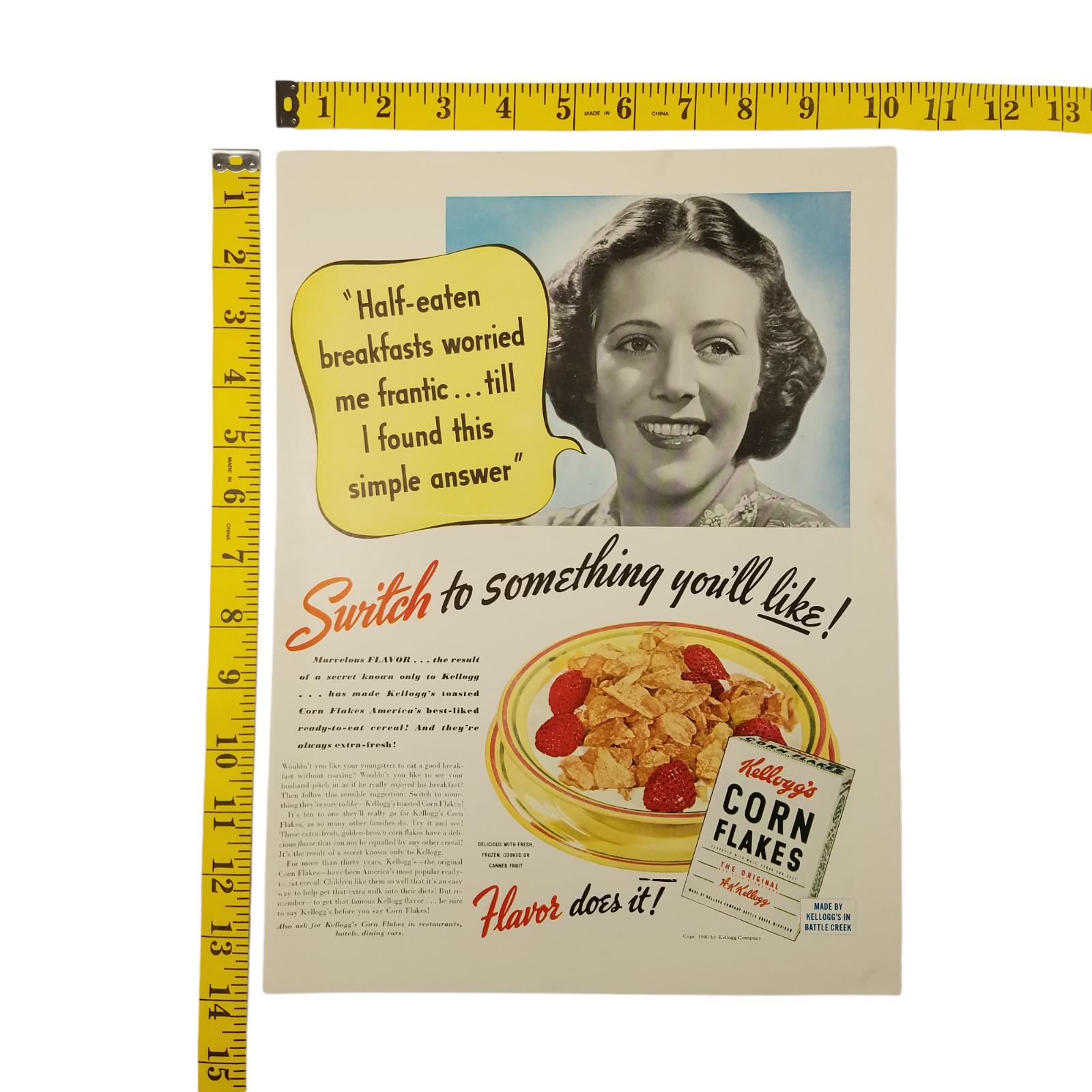 1940 Kelloggs Corn Flakes Vintage Print Ad Switch to Something You'll ...