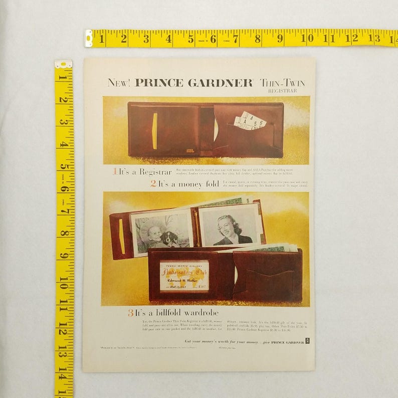 1956 Prince Gardner Vintage Print Ad Thin Twin Registrar and Money Fold ...