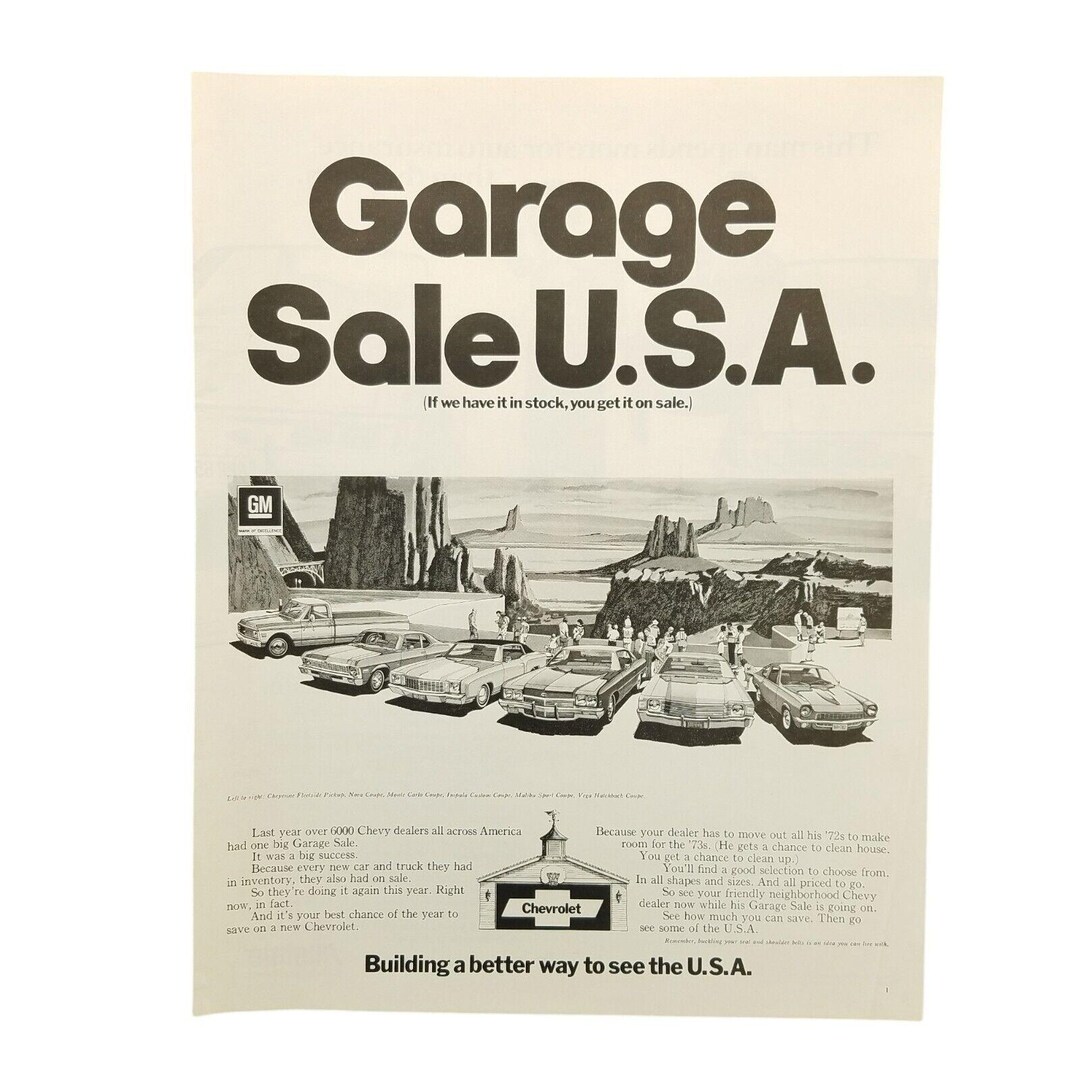 1972 Chevrolet Vintage Print Ad Garage Sale If Its in Stock Its on Sale ...