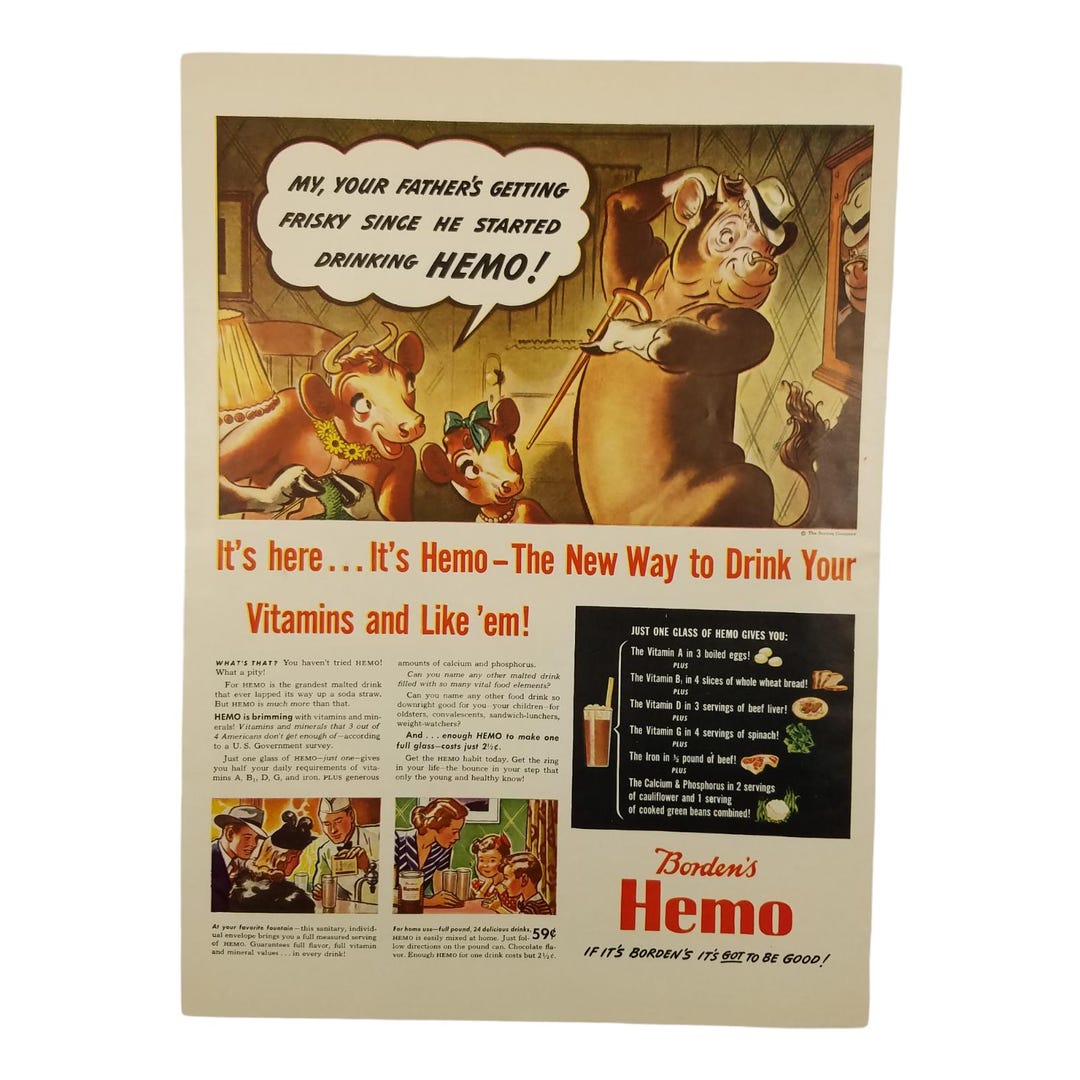 1942 Bordens Hemo Malted Milk Vintage Print Ad New Way to Drink Your ...