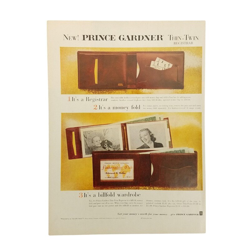1956 Prince Gardner Vintage Print Ad Thin Twin Registrar and Money Fold ...
