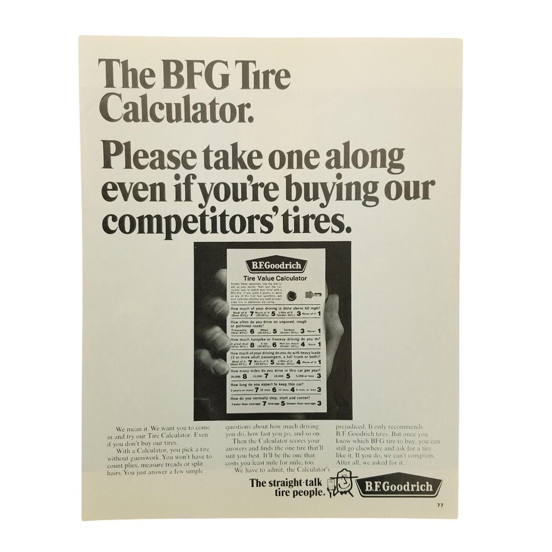 1967 BF Goodrich Vintage Print Ad BFG Tire Calculator Straight Talk ...
